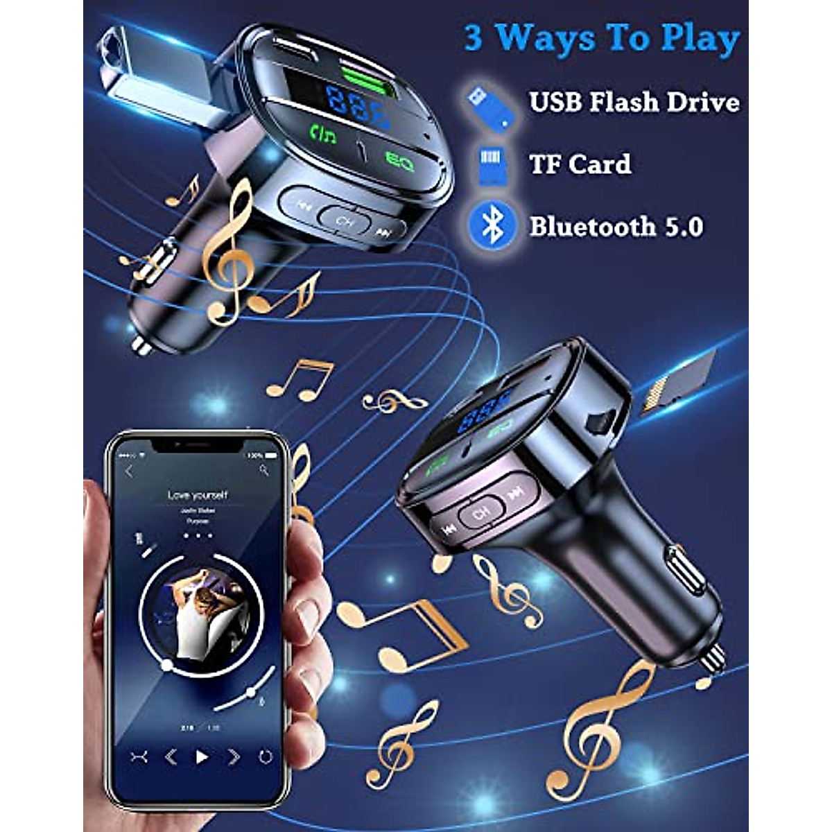 LIHAN FM Transmitter Car Bluetooth Adapter, LIHAN Wireless Aux Radio, Hands-Free Call, Type-C & Fast Car Charger, MP3 Music Player, Support USB Drive/TF Card