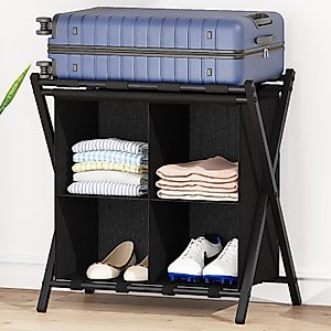 aboxoo Luggage Rack with storage, Guest Room Folding Suitcase Stands, Holds up to 120 lb, Space Saving Suitcase Holders for guest room, Bedroom Hotel, Black