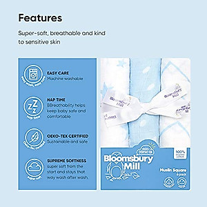 Bloomsbury Mill - Pack of 6 Super Soft Muslin Receiving Blankets - 100% Certified Organic Cotton in Gifting Ribbon Stars, Chevrons & Polka Dots Designs - Blue & White - 28" x 28"