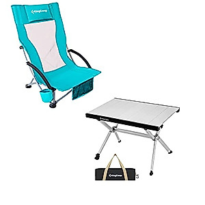 KingCamp Low Sling Beach Chairs,Folding Mesh Reclining Back Low Seat Beach Chair Small Camping Folding Table Aluminum Portable Picnic Table for Sand Camping Lawn Concert Travel
