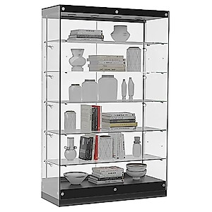 Displays2go 4’ Frameless Glass Showcases with LED Lighting, Adjustable Shelves, Locking, MDF – Black (GTAP48LEDB)