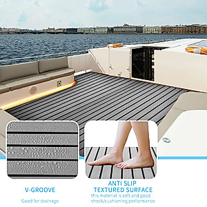Boat Flooring EVA Foam Faux Teak Marine Mat Self-Adhesive Decking Sheet Non Slip Carpet for Motorboat RV Yacht Kayak Surfboard Deckinging (35in x 94in Grey with Black Seam Lines)