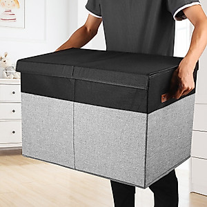 Large Toy Storage Box with Lid, Sturdy Toys Storage Chest Bin Organizer Basket with Dividers for Kids, Boys, Girls, Nursery, Closet, Bedroom, Playroom 25&quot;x13&quot; x16&quot; (Black and Grey)