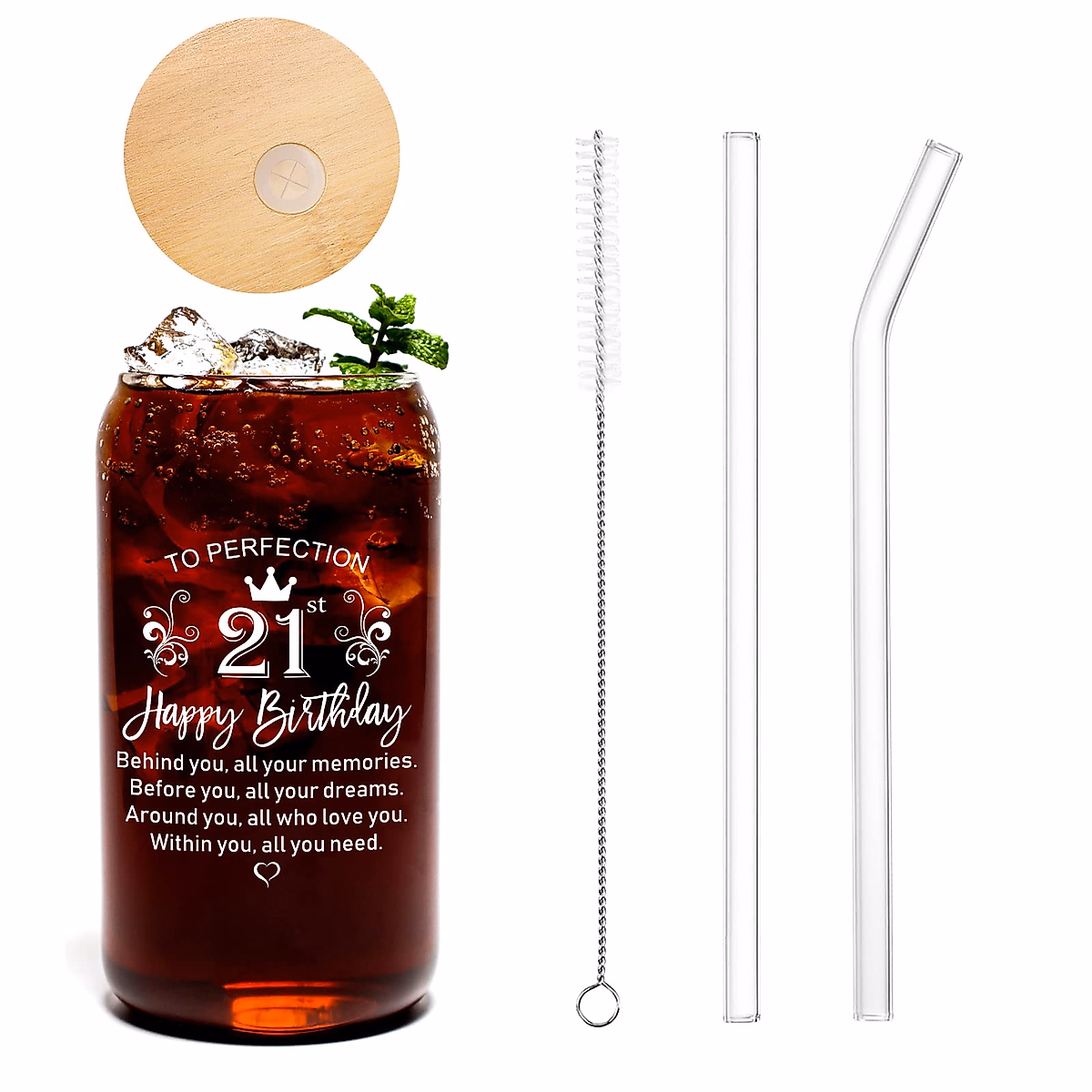21st Birthday Gifts for Her, Happy 21st Birthday Decorations for Her, Funny 21 Year Old Birthday Gift Ideas for Her, Friends, Sister, Daughter - 16 Oz Can Shaped Glass Cups with Lids and Straws