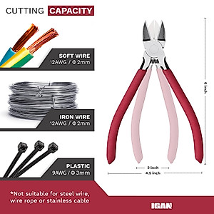 IGAN-P6 Wire Flush Cutters, 6-inch Ultra Sharp & Powerful Side Cutter Clippers with Longer Flush Cutting Edge, Ideal Wire Snips for Crafting, Floral, Electrical & Any Clean Cut Needs
