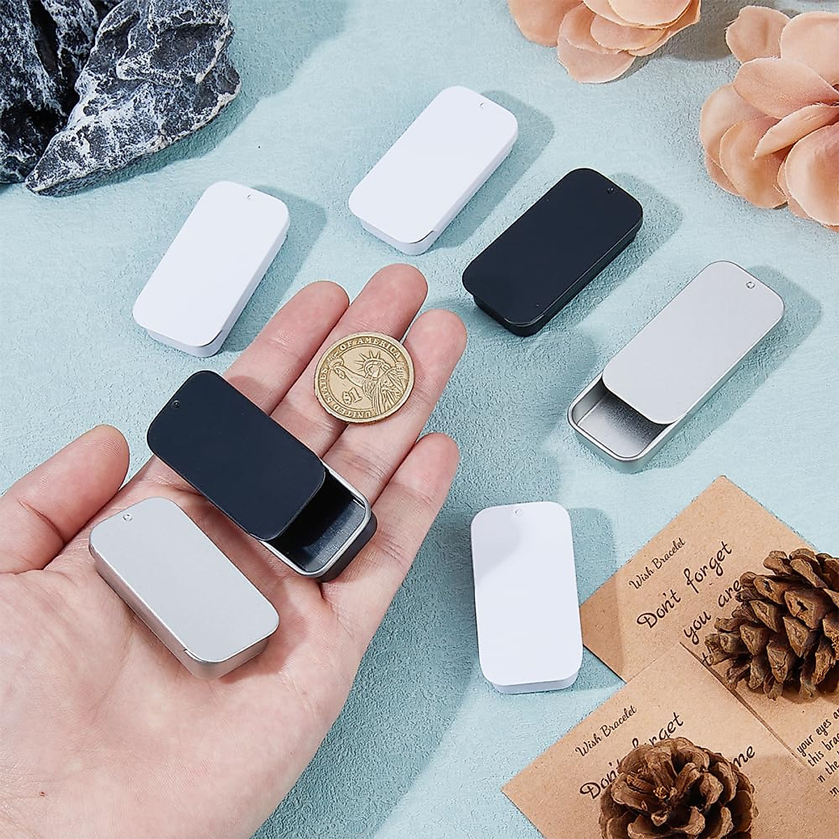 DICOSMETIC 9Pcs Metal Tin Containers 3 Colors Tinplate Rectangular Storage Box Mini Slide Top Lids Tin Small Cover Push-Pull Tin Empty Tins Can for Wedding Jewelry Lip Balm Home Organizer