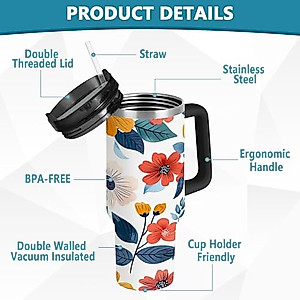 FRCSDIY Beautiful Flowers Insulated Tumbler with Handle and Straw Lid,40oz Leakproof Stainless Steel Cup BPA-Free Water Bottle