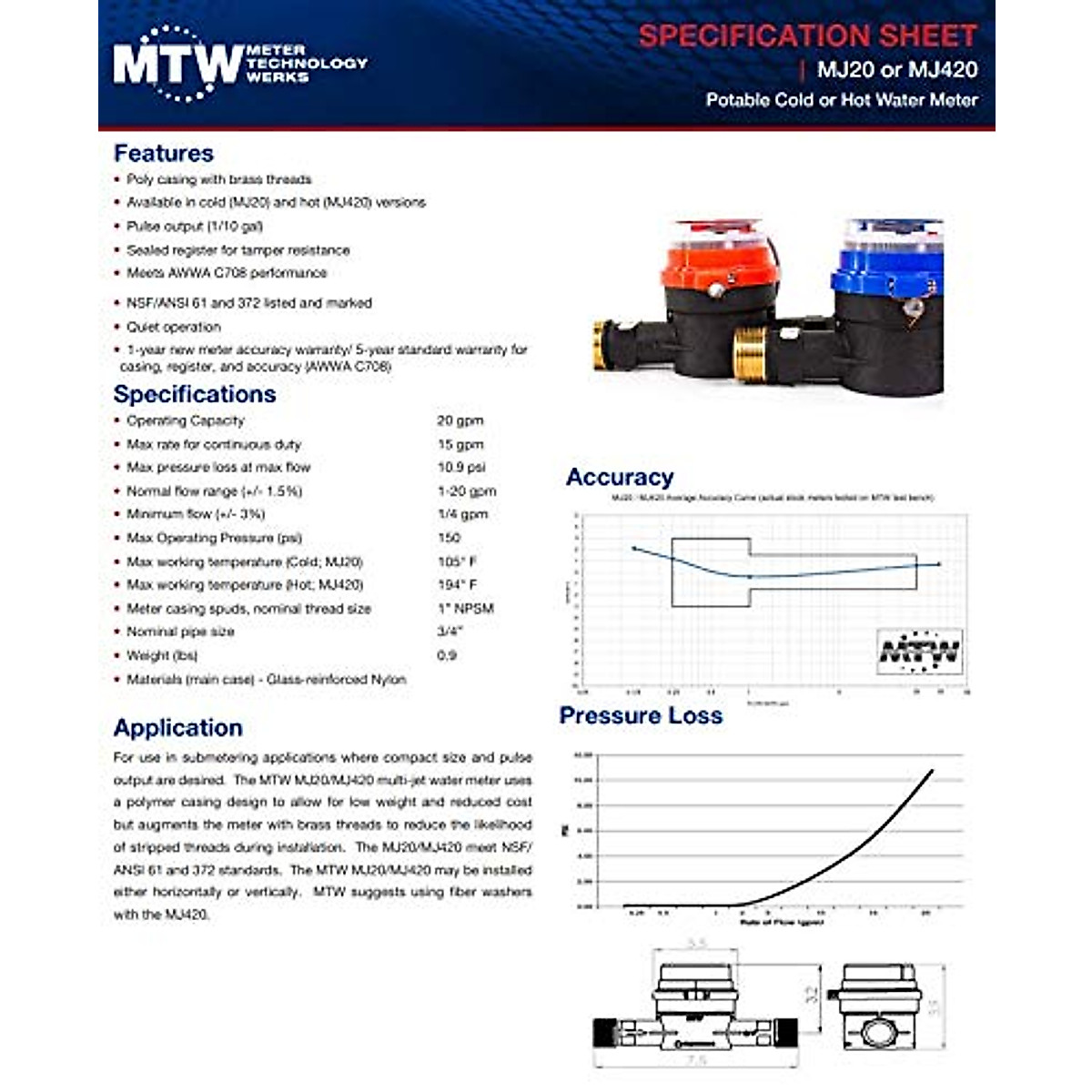 3/4" MTW MJ20 Polymer Cold Water Meter 7.5" USG Gallons Pulse Output