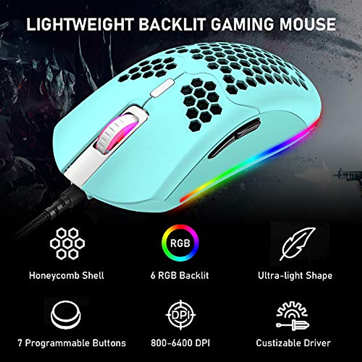60% Mechanical Gaming Keyboard Blue Switch Mini 68 Keys Wired Type C Chroma RGB 18 Backlit Effects,Lightweight Gaming Mosue 6400DPI Honeycomb Optical,Gaming Mouse Pad for Gamers and Typists(Green)