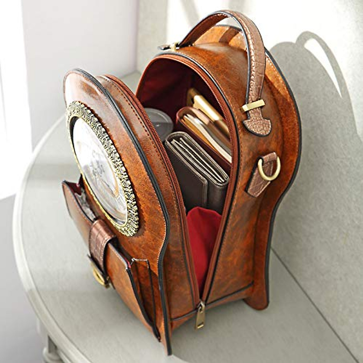 clock purse Real Working Clock Shoulderbags women's backpack vintage one shoulder messenger bag Cross Body for Women Girls (Brown)
