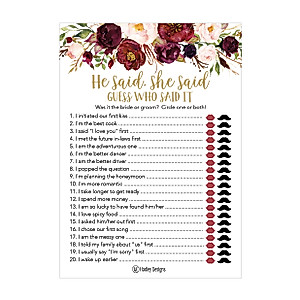 Hadley Designs 25 Floral Wedding Bridal Shower Engagement Bachelorette Anniversary Party Game Ideas, Gold He Said She Said Cards, Funny Co Ed Trivia Rehearsal Dinner Guessing Question Supplies