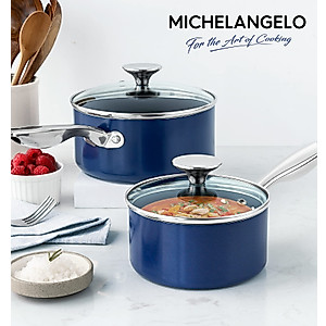 MICHELANGELO Saucepan Set, 1Qt & 2Qt Ceramic Sauce Pan with Lid, Nonstick Saucepans with Lids, Small Pot with Stainless Steel Handle, Oven Safe, Blue