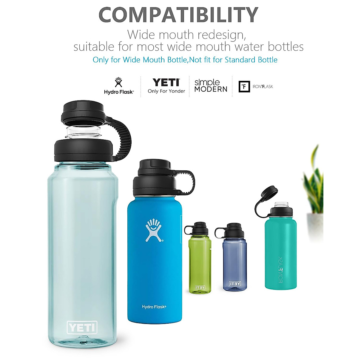 ALIENSX Chug Lid for Wide Mouth Water Bottles, Replacement Tether Cap for Wide Mouth Hydro Flask Rambler 12/16/18/32/40/64 oz and Yeti Yonder 20/25/34/50 oz, Spout Top with Flexible Handle