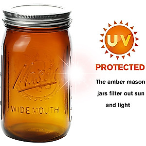 Polytun Amber Glass Mason Jars 32 oz Wide Mouth with Airtight Lids and Bands 6 Pack, Amber Clear Glass Canning Mason Jars, Quart Mason Jars (Set of 6) (Wide Mouth)