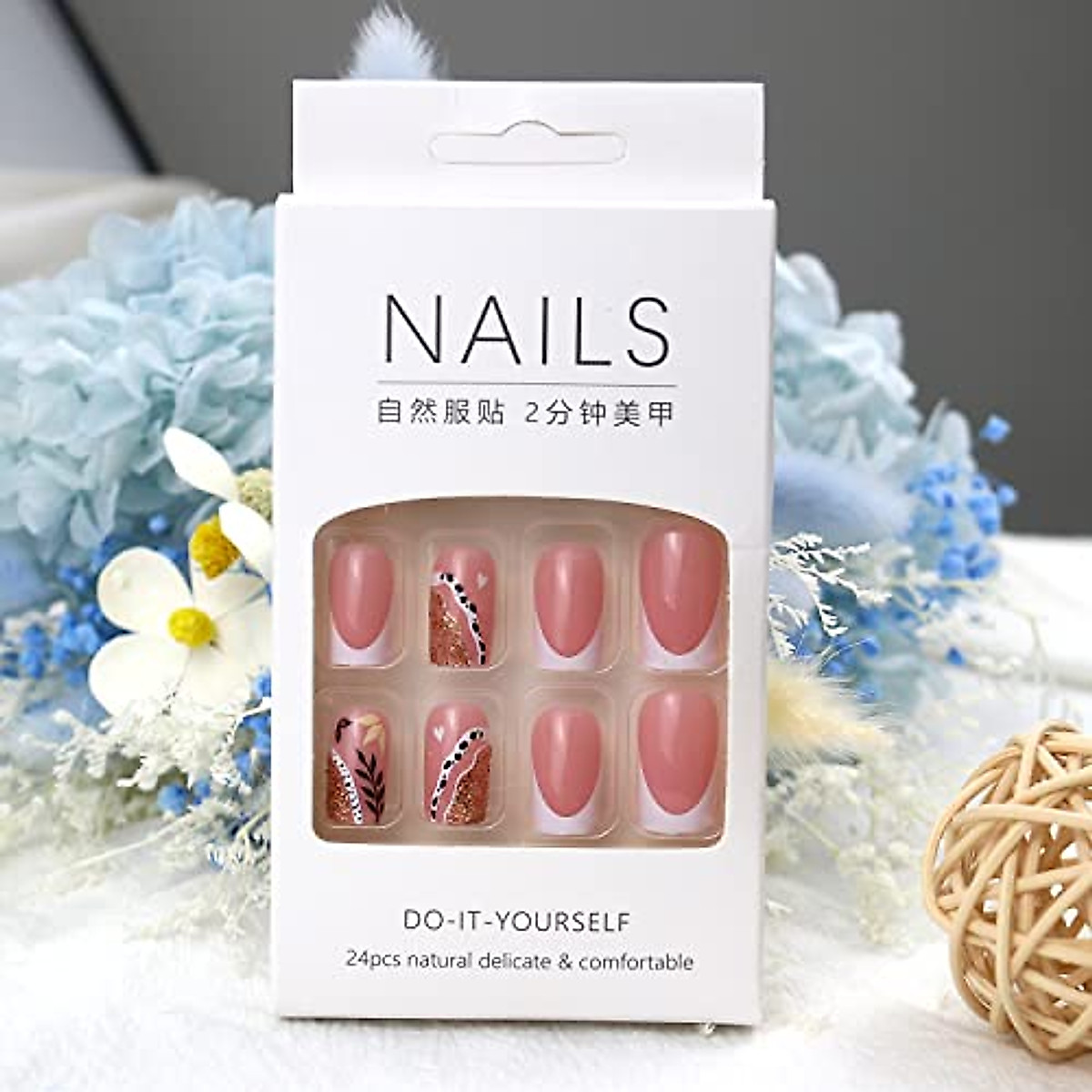 24Pcs Press on Nails Square Fake Nails French Tip Black Leaves False Nails with Designs Black Acrylic Glossy Nail Decorations Artificial Full Cover Glue on Nails Stick on Nails for Women Girls 24Pcs