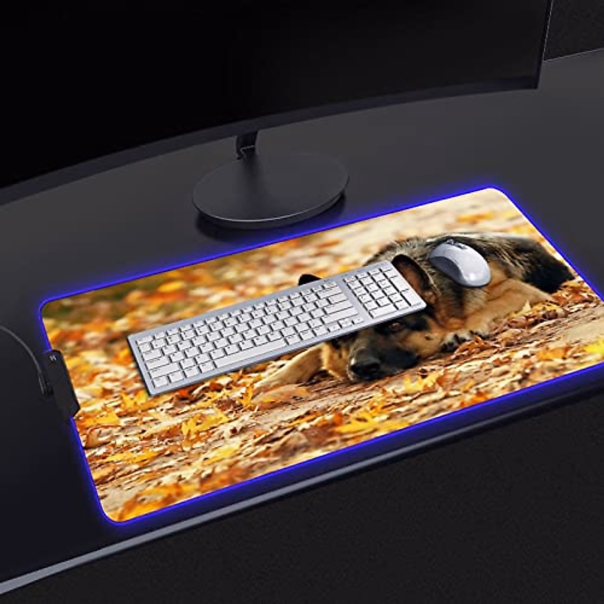 Gaming Mouse Pad and Desk Mat, German Shepherd Dog Autumn Leaves Large Extended Mouse Pad with RGB LED Edge and Anti-Slip Rubber Bottom Keyboard Mouse Mat for Laptop/Gamer 23.6x13.8 Inch