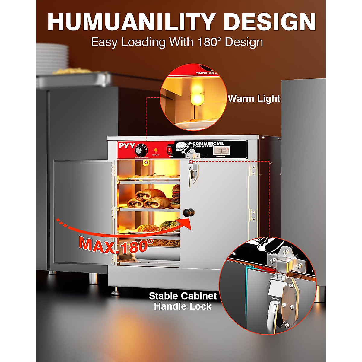 PYY Hot Box Food Warmer - 4 Tier Commercial Catering Warming Cabinet for Pizza Pretzel, Electric Countertop Heating Machine for Restaurant, Stainless Steel Dual Door with Water Tray and Thermometer