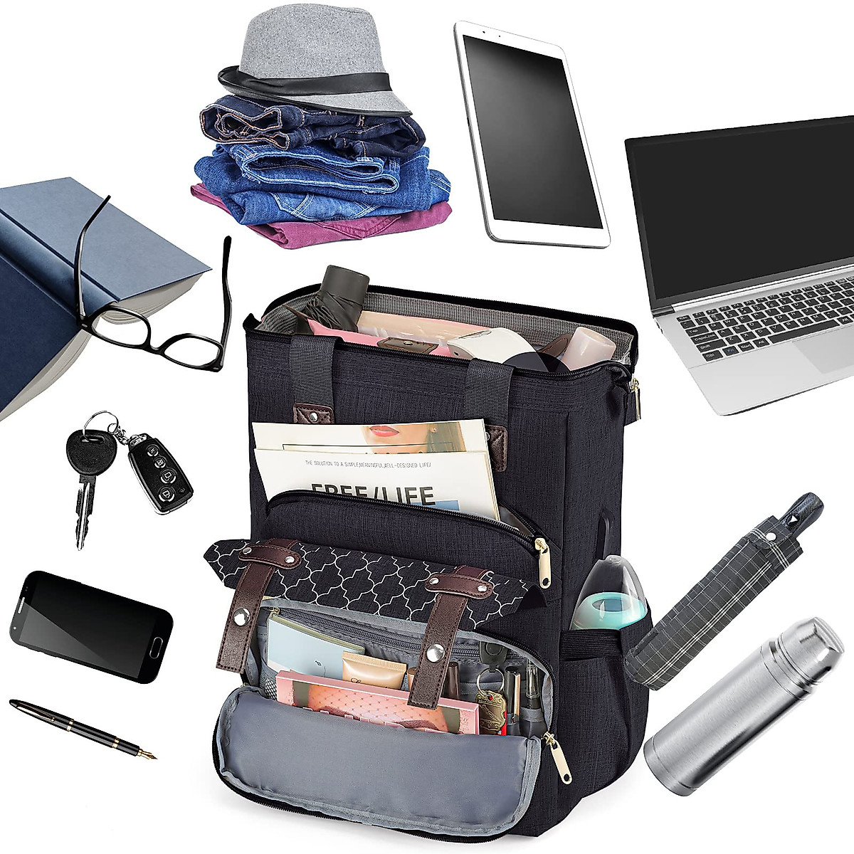 Kuosdaz Laptop Backpack for Women Men, 17.3 Inch School Backpacks with USB Charging Port, Wide Open Large Backpack, Casual Daypacks for Travel College, Black