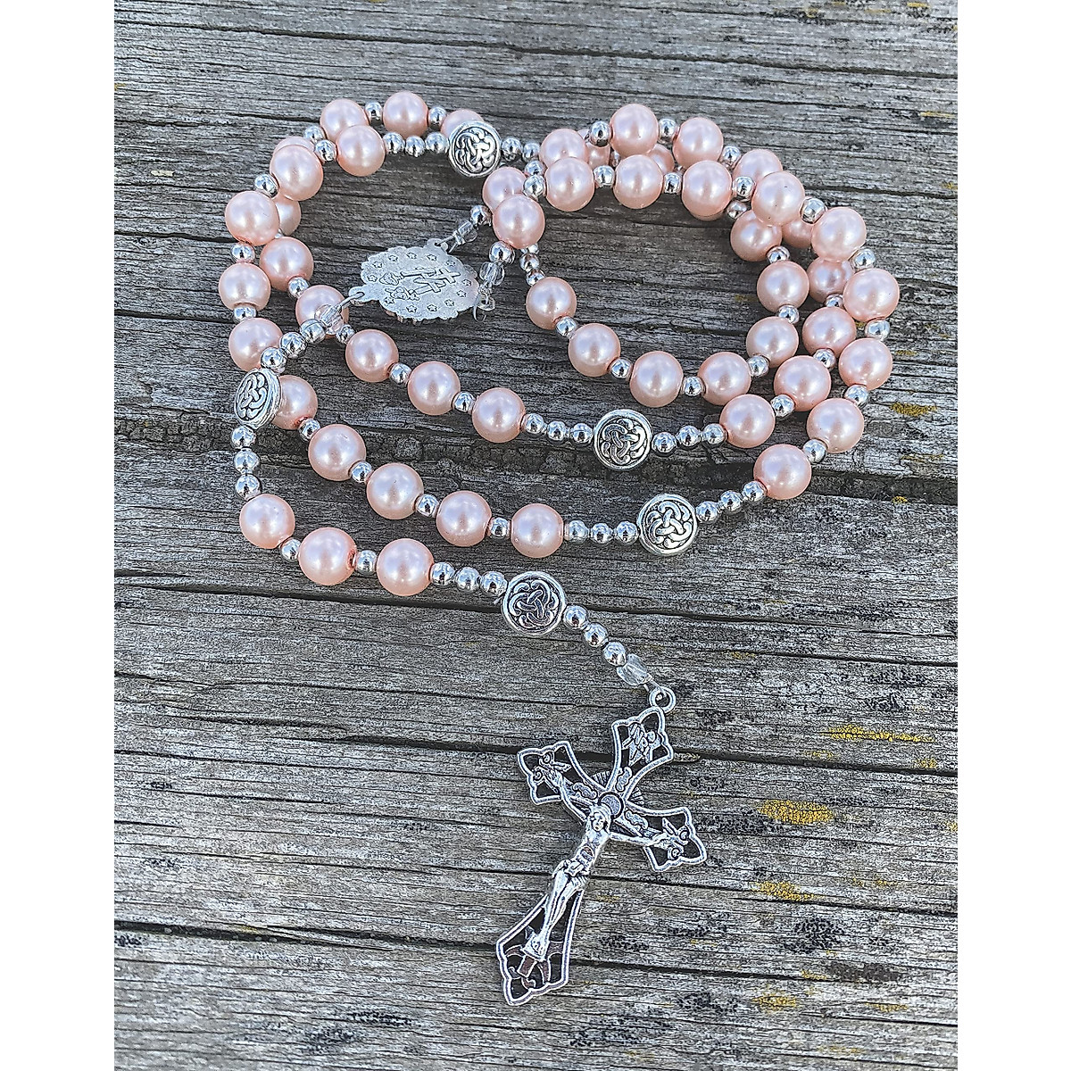 Nazareth Store Pink Beads Rosary Necklace Strong Pearl Beaded Catholic Rosary with Our Lady of Graces Medal and Cross