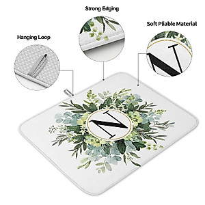 LIFEMUSION Eucalyptus Leaves Dish Drying Mat for Kitchen Counter, Monogram Letter N Baby Bottle Microfiber Drying Pad, Watercolor Teal Botanical Absorbent Coffee Cup Dishes Drainer Mats 16"x18"