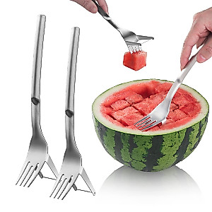 Choxila 2Pcs Watermelon Fork, Watermelon Slicer Cutter, 2-in-1 Fork Stainless Steel Fruit Cutting Artifact for Family Parties Camping