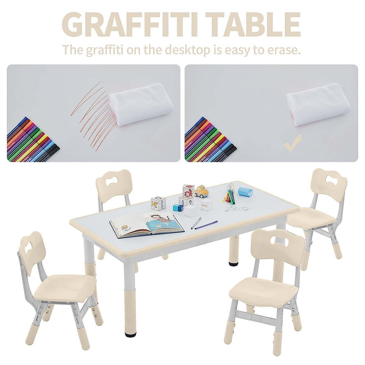 DOREROOM Toddler Table and Chairs Set for 4, 47.2''L x 23.6''W Kids Study Table and Chair Set, Height-Adjustable, Graffiti Desktop, Children Activity Table for Daycare, Classroom, Home