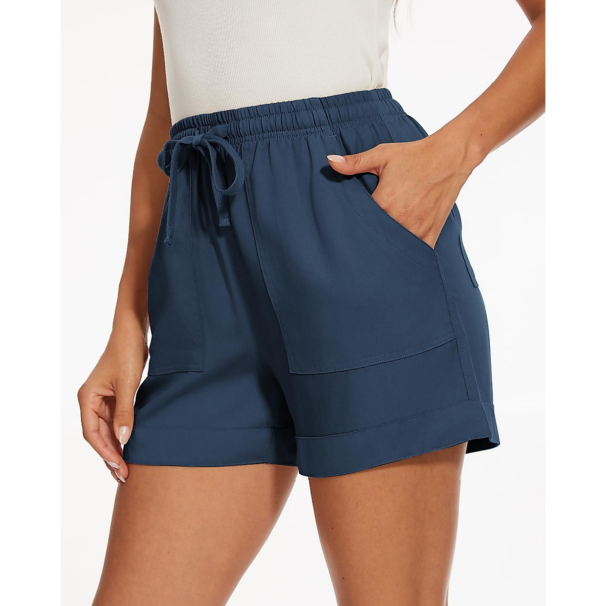 SMENG cotton beach hot pants for women lounge running shorts with phone pocket for women summer elastic waistband loose comfy womens linen shorts elastic waist blue x-large