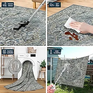 Area Rug Living Room Rugs, 8x10 Machine Washable Rug, Boho Large Rug with Non-Slip Rubber Backing, Non-Shedding Stain Resistant, Indoor Carpet for Bedroom Dining Room Nursery Home Office (Grey)