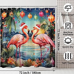 LB Tropical Christmas Shower Curtain Pink Flamingo with Xmas Hat on Beach Shower Curtain Palm Tree by Coastal Bathroom Shower Curtain Sets with Hooks Waterproof Washable Fabric,72x72 inch