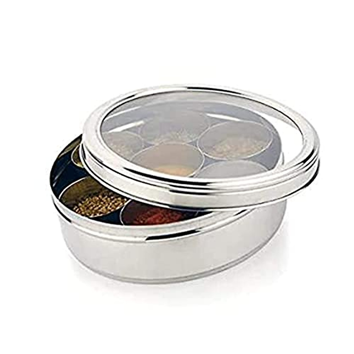 King International Stainless Steel Indian Spice Box, Indian See Through Masala Dabba, Masala Box,Steel Masala Dabba, Indian Spice Container, with 7 Spice containers Size 20 X 20 x 8 cm, Set of 9