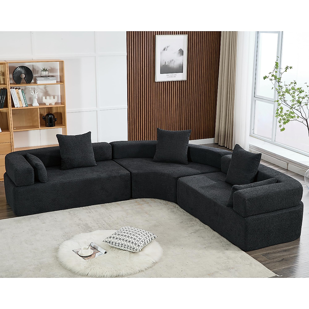 111" L Shaped Cloud Couch, 4 Seater Oversized Sofa, Curved Sectional Sofa with Pillows, Modern Couch Free Combination, Semicircular Modular Sectional Sofa, Comfy Couch for Living Room, Black