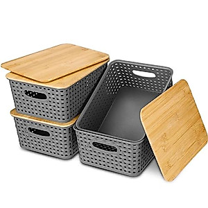 Barydat 4 Pack Plastic Storage Baskets with Bamboo Lid Pantry Organization Storage Containers Lidded Bins Container for Shelves Drawers Desktop Closet Playroom Classroom Office(Gray)