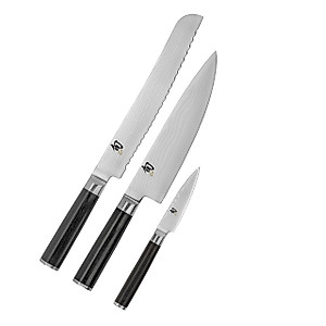Shun Classic Damascus 3-Piece Knife Set, Includes Chef’s Knife 8-In, Bread Knife 9-In and Paring Knife 3.5-in Set, Made in Seki, Japan