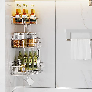 3 Pack Corner Shower Caddy: Stainless Steel No-drilling Bathroom Organizer for All 90° Corners- Installed in Minutes, Heavy Duty Shower Shelves for Storage- 6 Metal Hooks with Caps, 2 Extra Adhesives