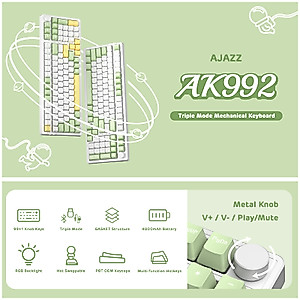 A.JAZZ AK992 99Keys Hot Swappable,Bluetooth/2.4G/Wired,Gasket Mount,RGB Backlight,Mechanical PC Gaming Keyboard,Coiled USB C Cable,Custom Clicky Switch,Knob Control,PBT Keycaps(Spring Green)