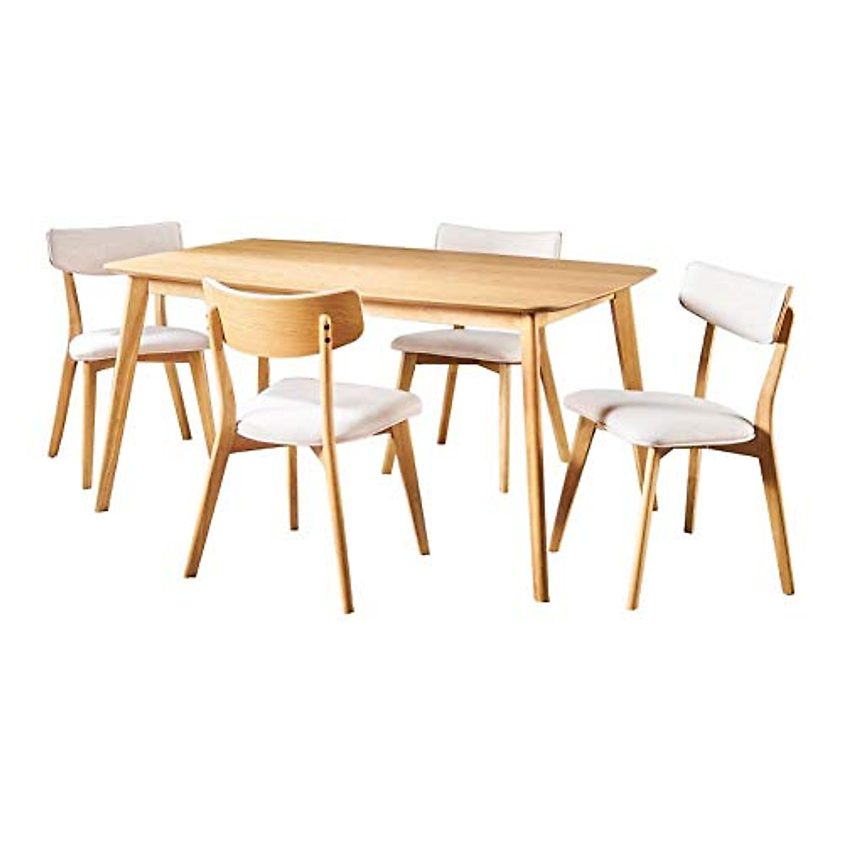 Christopher Knight Home Alma Mid-Century Wood Dining Set with Fabric Chairs, 5-Pcs Set, Natural Oak / Light Beige