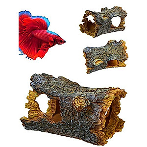 Corisrx Aquarium Hide Log Betta Fish Tank accessorie Decoration - Resin Artificial Tree Trunk Ornament for Fish Tank Betta Hideout Cave Decor - Small Tree Log with Hollow for Aquarium Accessories