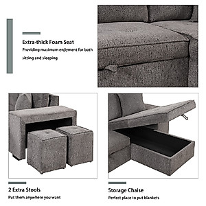 104" Modern L-Shape 3 Seat Reversible Sectional Couch, Pull Out Sleeper Sofa with Storage Chaise and 2 Stools for Living Room Furniture Set(Knox Charcoal)