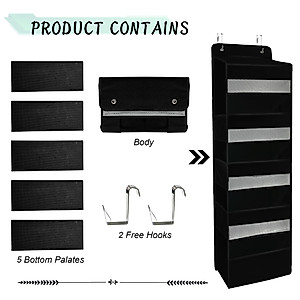 CLMMYCL Over The Door Organizer Storage, 5 Shelf Hanging Door Organizer with 5 Large Capacity Pockets, Anti Tilt 44 lb Load Behind Door Organizer for Bedroom, Pantry, Bathroom,Nursery (Black)