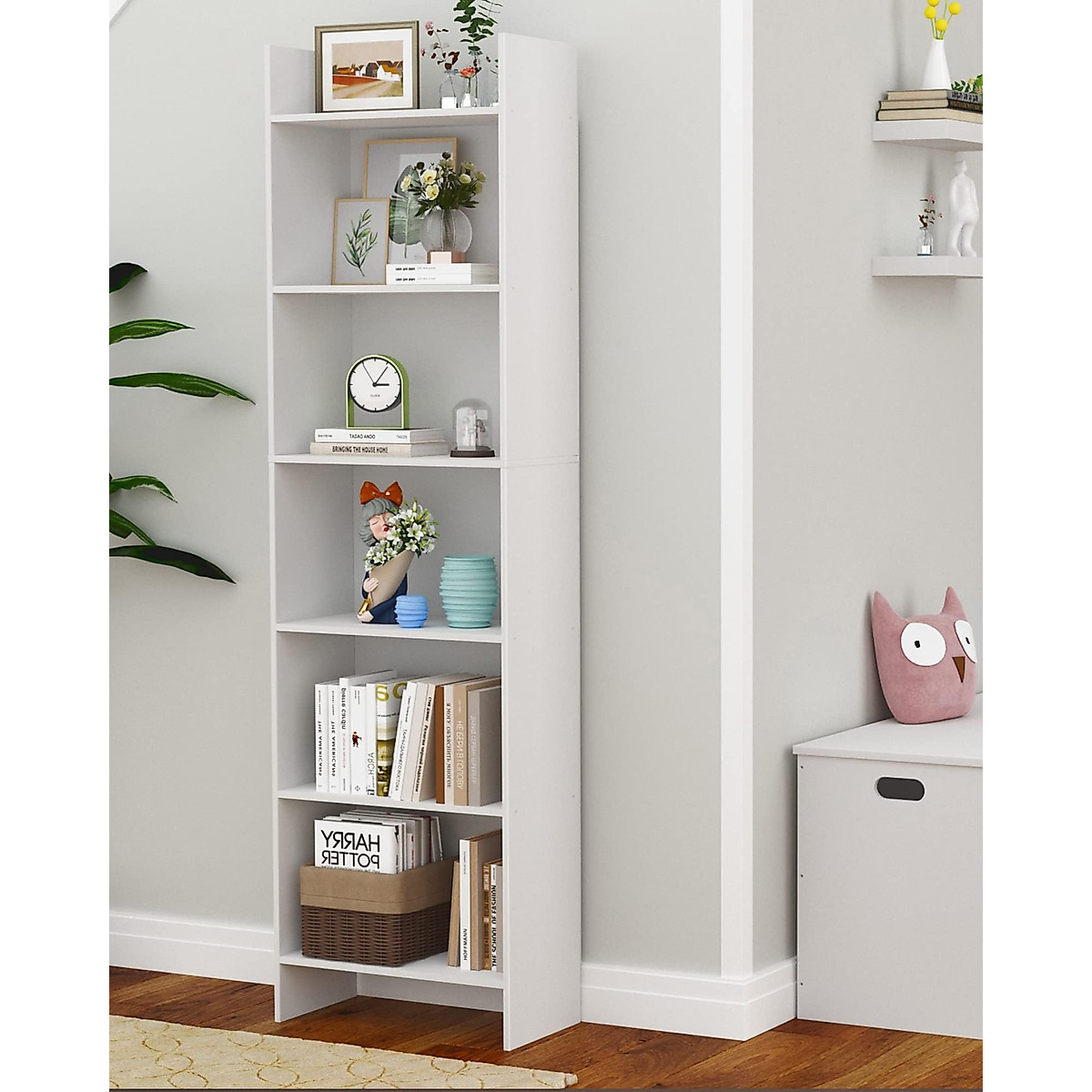 Hzuaneri 6-Tier Bookshelf, 66.9 Inches Floor Standing Bookcase, Display Storage Shelf, Corner Shelf, Home Decor Furniture for Home Office, Living Room, Bedroom, White 01103XBC