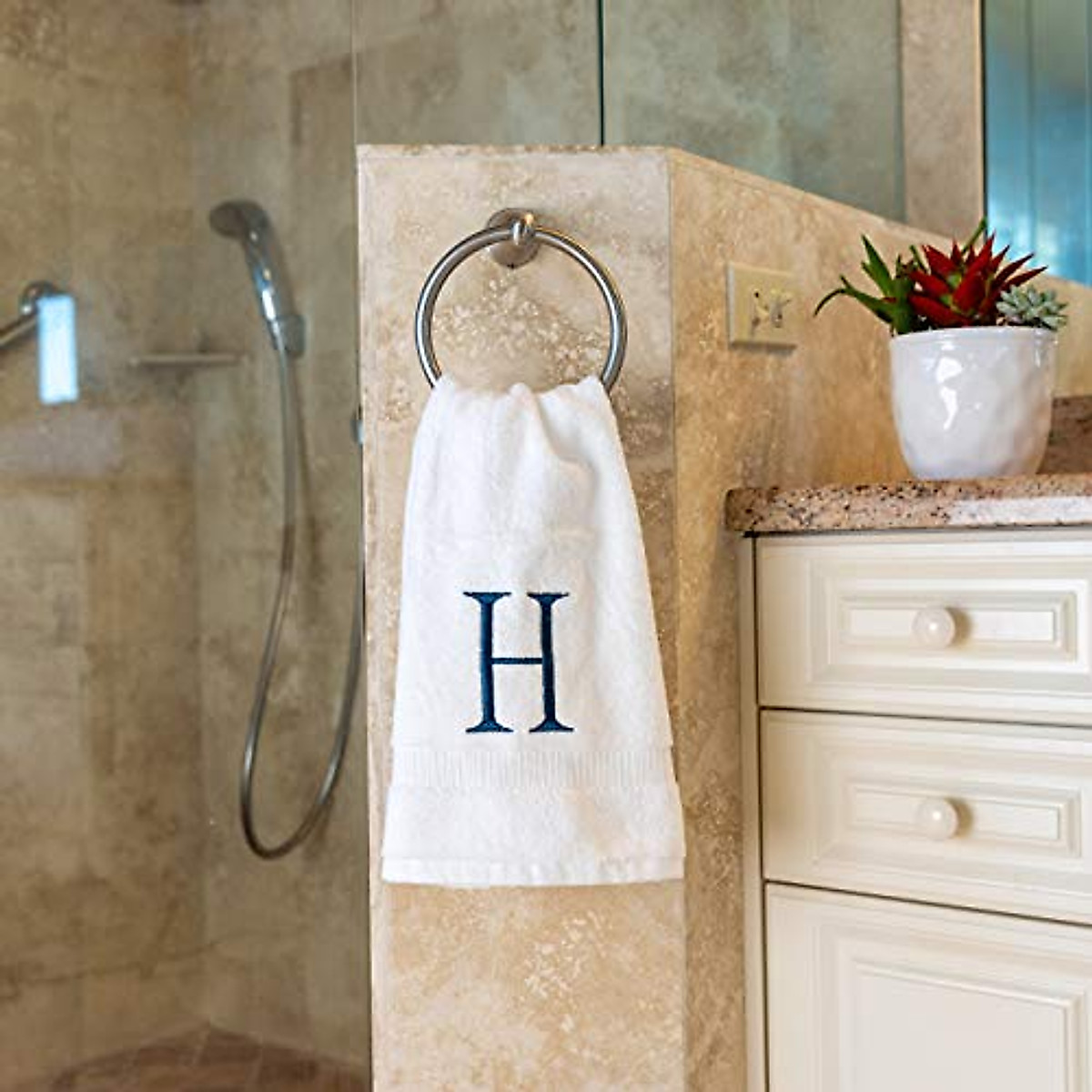 Monogrammed Hand Towels for Bathroom - Luxury Hotel Quality Personalized Initial Decorative Embroidered Bath Towel for Powder Room, Spa - GOTS Organic Certified - Set of 2 Navy Letter H