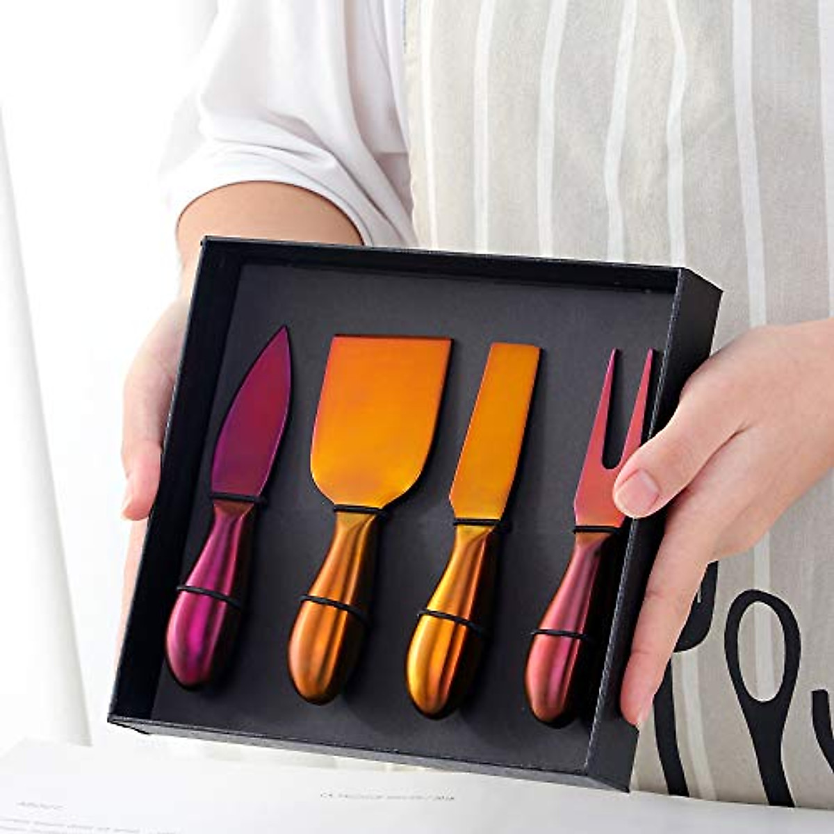 Buyer Star 4 Pack Cheese Knife Set, Stainless Steel Butter Spreader Knives Set in Gift Box, Rainbow Red