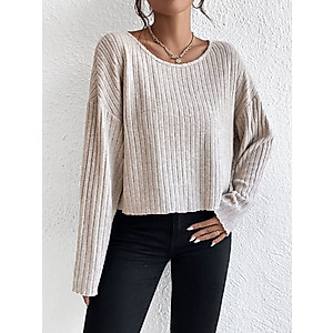 SweatyRocks Women's Long Sleeve Boat Neck Plain Tee Casual Drop Shoulder Rib Knit T Shirt Crop Top Apricot L