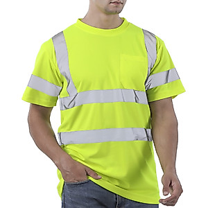 Hi Vis T Shirt Class 3 High Visibility Shirts for Men Safety Shirts with Reflective Strips and Pocket Breathable Construction Work Mesh Short Sleeve Yellow XL