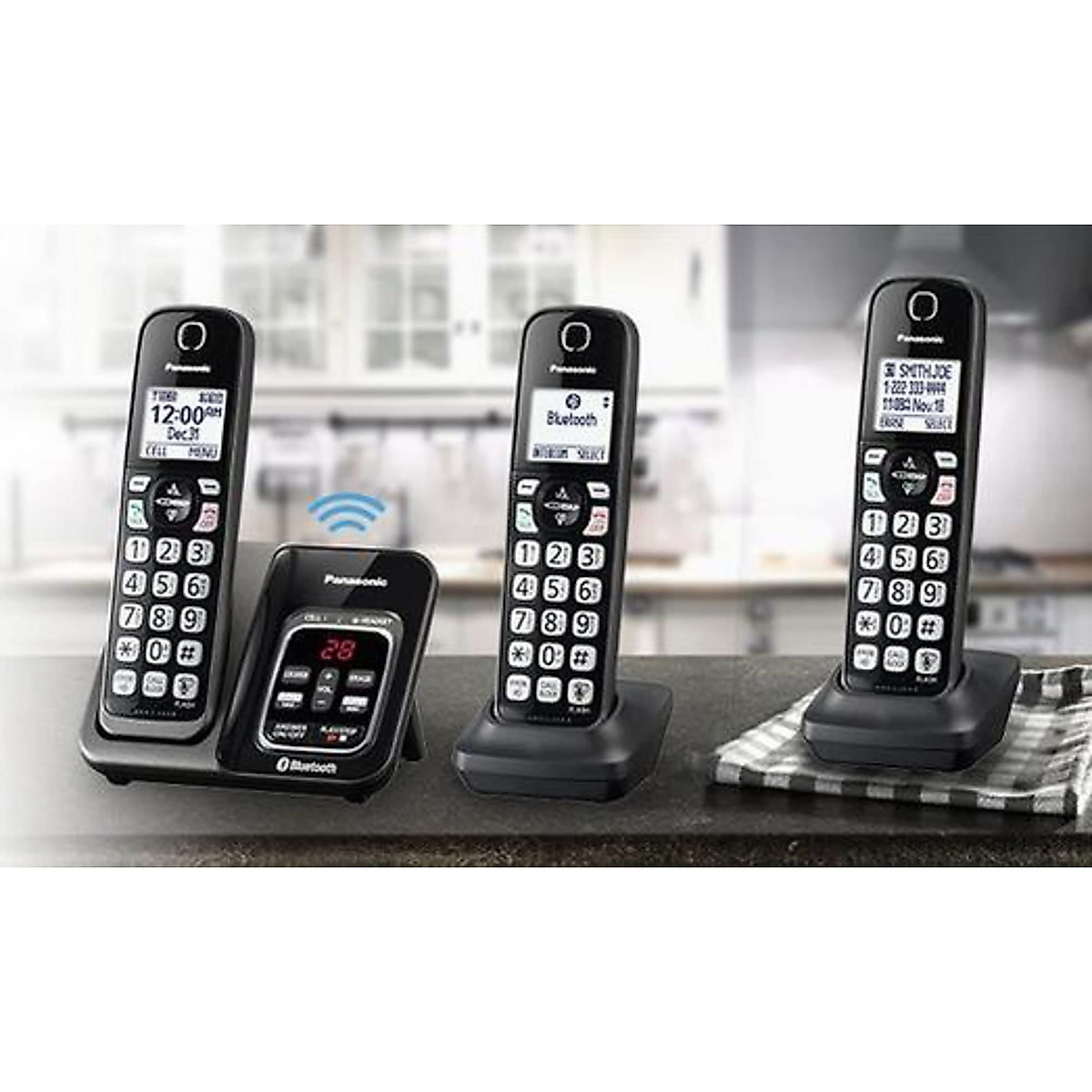 PANASONIC Expandable Cordless Phone System with Link2Cell Bluetooth, Voice Assistant, Answering Machine and Call Blocking - 3 Cordless Handsets - KX-TGD563M (Metallic Black)