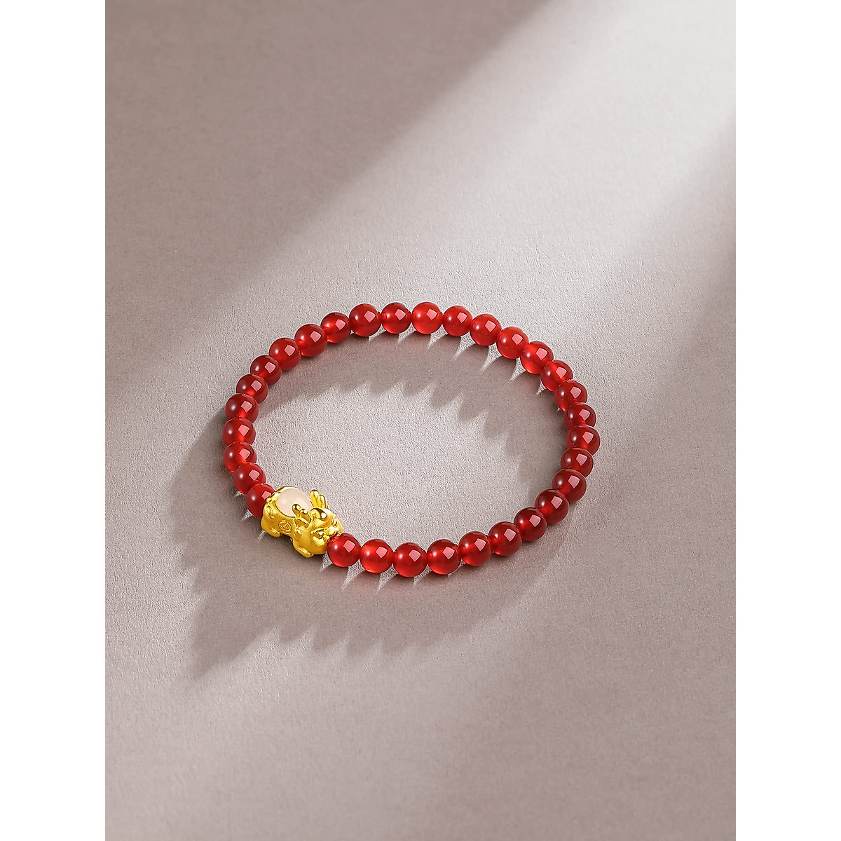 ZHOU LIU FU 24K Solid Gold Bracelets for Women, Real Pure Gold Pixiu Bracelet, Adjustable Red Agate Bead Bracelets with White or Green Nephrite Jade for Men Teen Girls