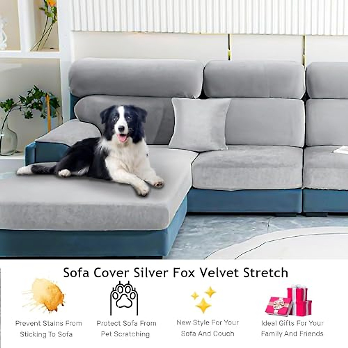 KEUNGSHEK Velvet Sofa Slipcover,Suitable for Multi-Seater Sofas,Sofa Backrest Cover,Sofa Seat Cushion Cover,L-Shaped Sofa Cover,Anti-Slip High Elasticity,L Shape Seat Cover,Stone Blue