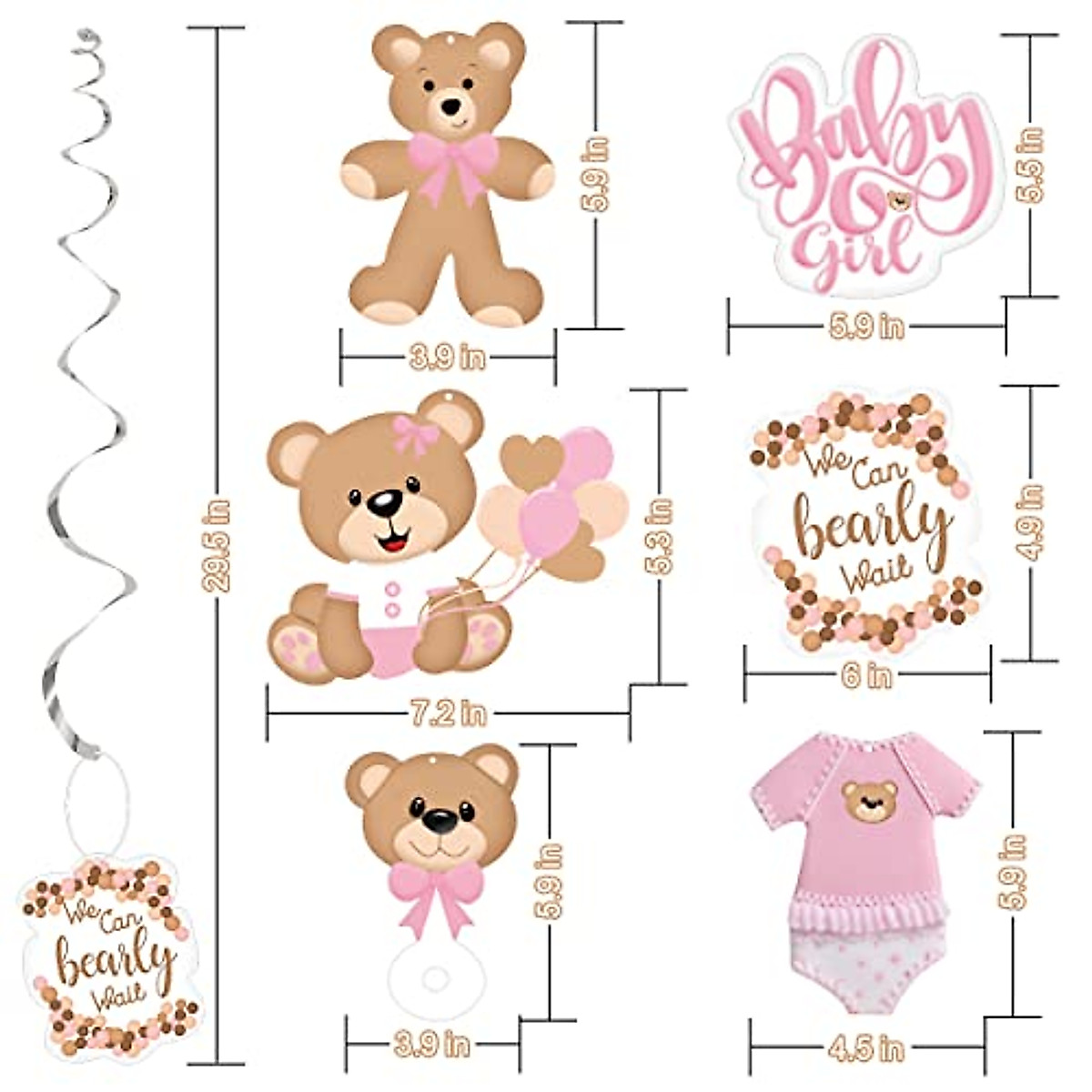 20Pcs Pink Bear Baby Shower Hanging Swirls Decorations, We Can Bearly Wait Kids Bear Themed Foil Ceiling Swirls for It's A Girl Gender Reveal Photo Prop Hanging Decor Streamers Birthday Party Supplies