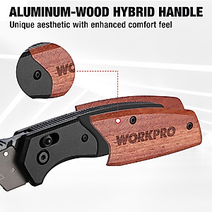 WORKPRO Folding Utility Knife, Razor Blade Knife with Axis Lock, Quick Change Blade Box Cutter, EDC Wood Handle Foldable Pocket Knife, Extra 10PC SK5 Blades Included