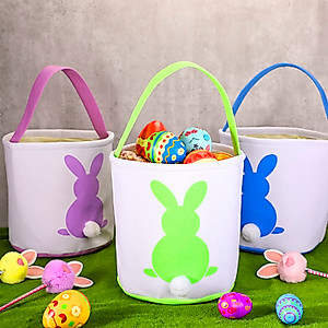 Jexine 12 Pcs Easter Bunny Basket Bags Bulk for Kids Gift Bucket Easter Eggs Hunt Basket with Handle Bunny Tote Bag Carry Bucket Rabbit Fluffy Tails Bags for Easter Party Decorations (Sequin Style)